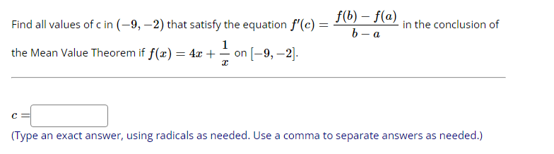 Solved Find all values of c in (−9,−2) that satisfy the | Chegg.com