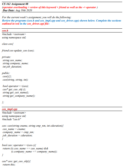 Solved CS 162 Assignment 08 (operator overloading + review | Chegg.com
