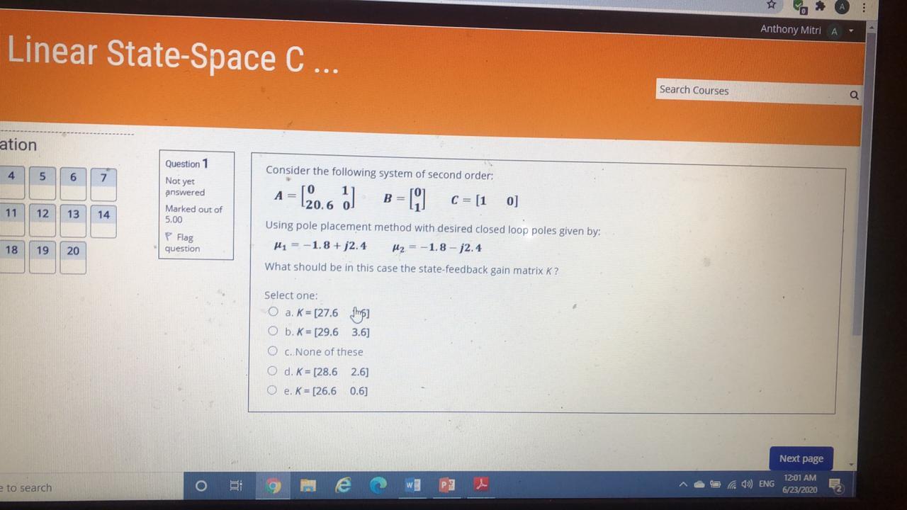 Solved Linear state-Space c... \begin{tabular}{|l|} \hline | Chegg.com