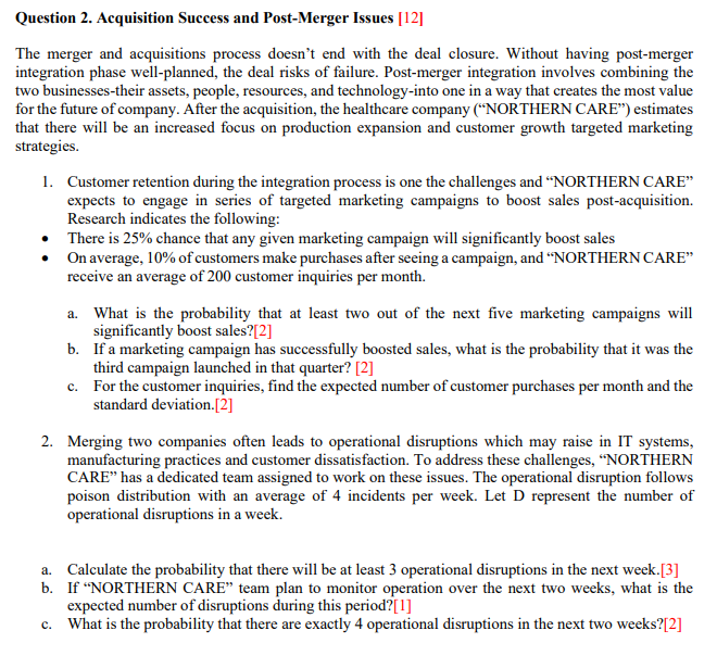 Solved Question 2. ﻿Acquisition Success and Post-Merger | Chegg.com