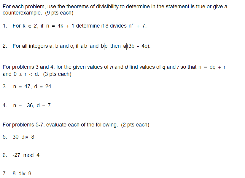 Solved For each problem, use the theorems of divisibility to | Chegg.com
