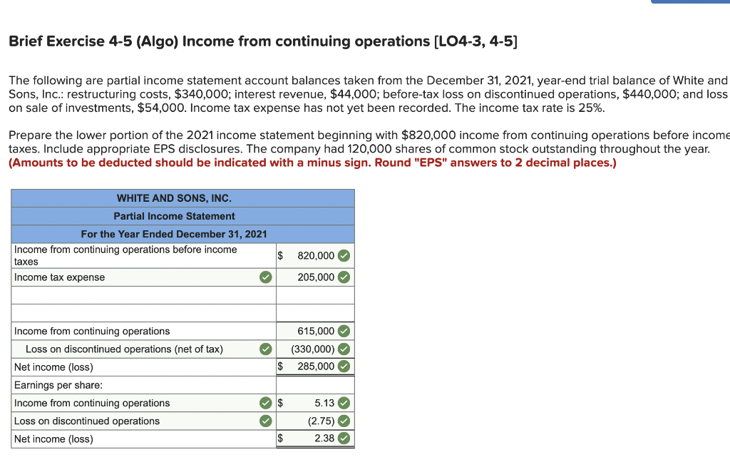 Solved Brief Exercise 4-5 (Algo) Income from continuing | Chegg.com