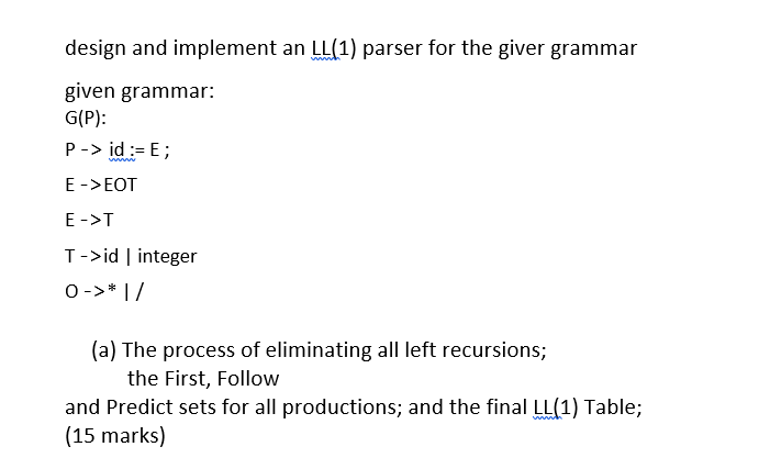Solved design and implement an LL(1) parser for the giver | Chegg.com