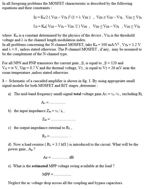 Solved In all foregoing problems the MOSFET characteristic | Chegg.com