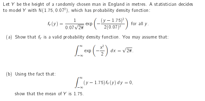 Solved Let y be the height of a randomly chosen man in | Chegg.com