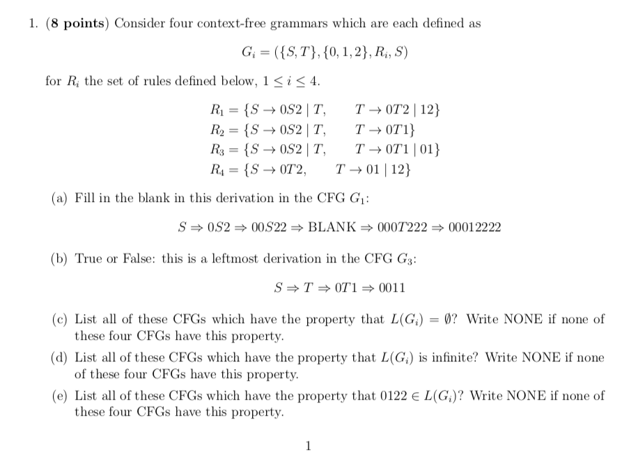 Solved 1. (8 points) Consider four context-free grammars | Chegg.com