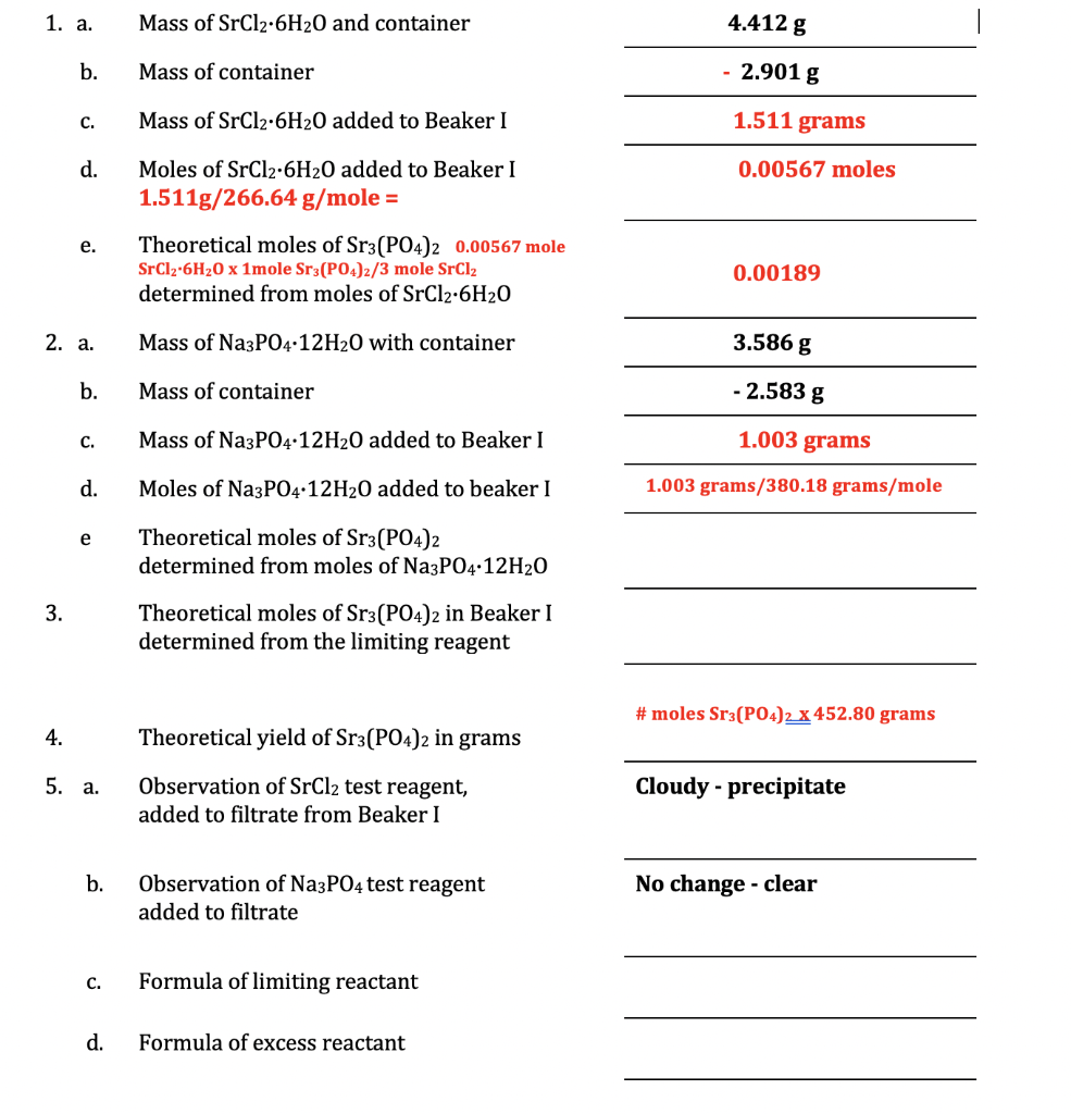 Solved 1. a. Mass of SrCl2-6H20 and container 4.412 g Mass | Chegg.com