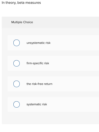 Solved In theory, beta measures Multiple Choice unsystematic | Chegg.com