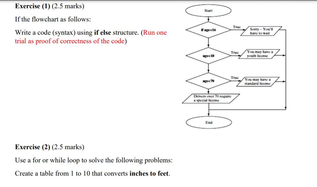 Solved Exercise (1) (2.5 marks) Start True If the flowchart | Chegg.com
