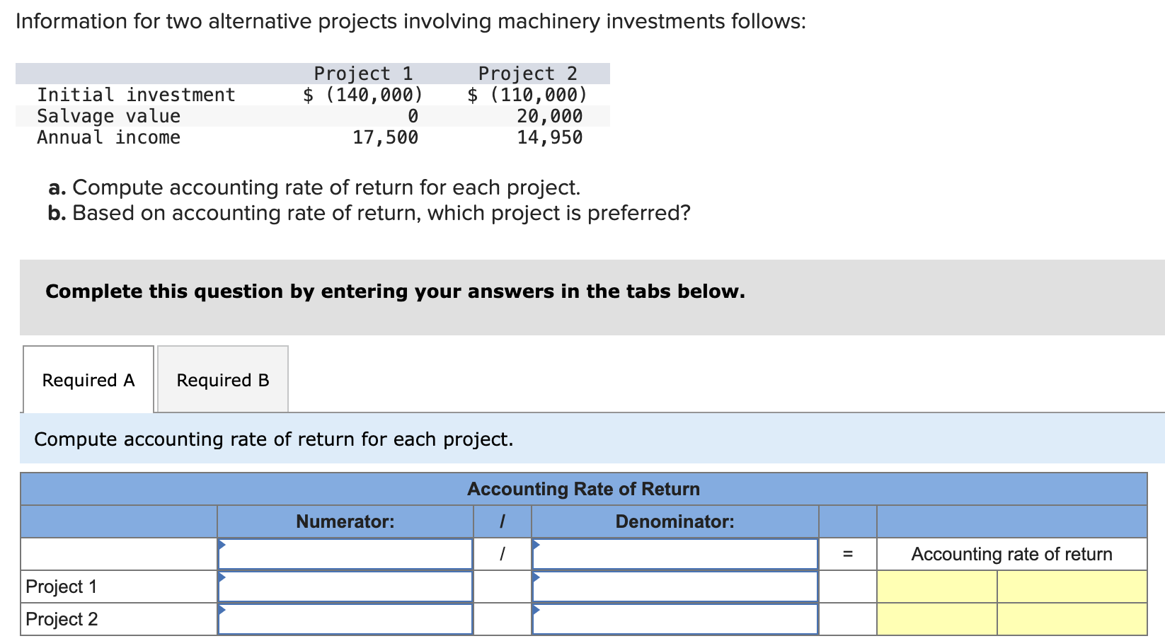 Solved Information for two alternative projects involving | Chegg.com