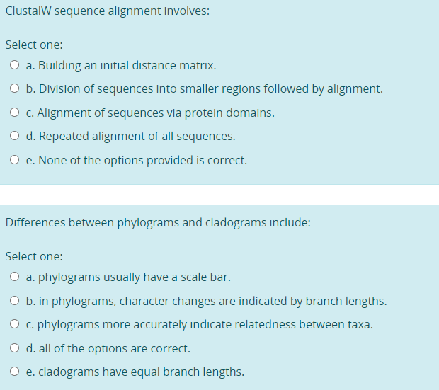 Solved Clustal sequence alignment involves: Select one: a. | Chegg.com