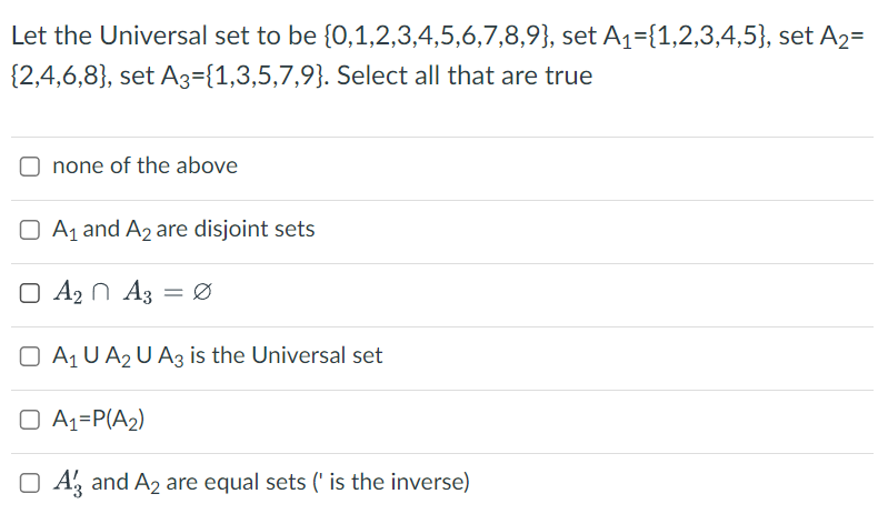 Solved Let the Universal set to be {0,1,2,3,4,5,6,7,8,9}, | Chegg.com