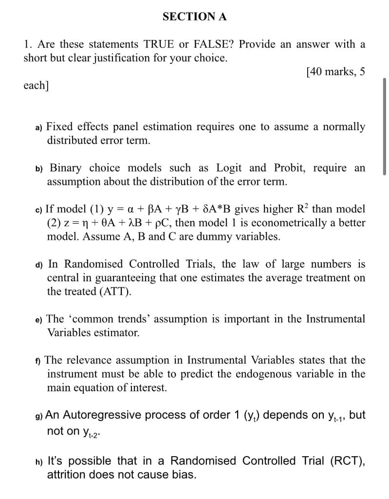 Solved SECTION A 1. Are these statements TRUE or FALSE? | Chegg.com