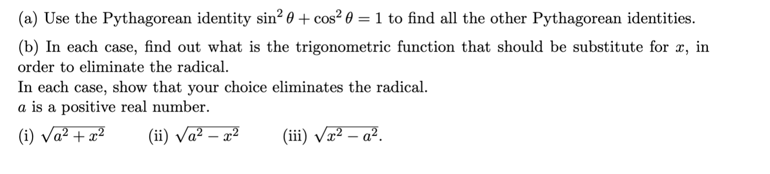 Solved (a) ﻿Use the Pythagorean identity sin2θ+cos2θ=1 ﻿to | Chegg.com