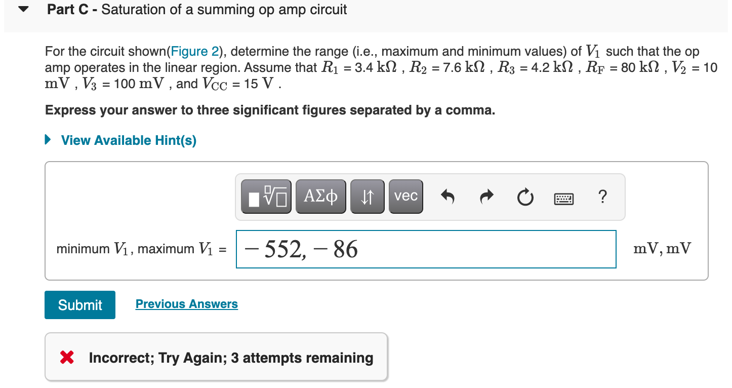 Solved Part C - Saturation of a summing op amp circuit For | Chegg.com