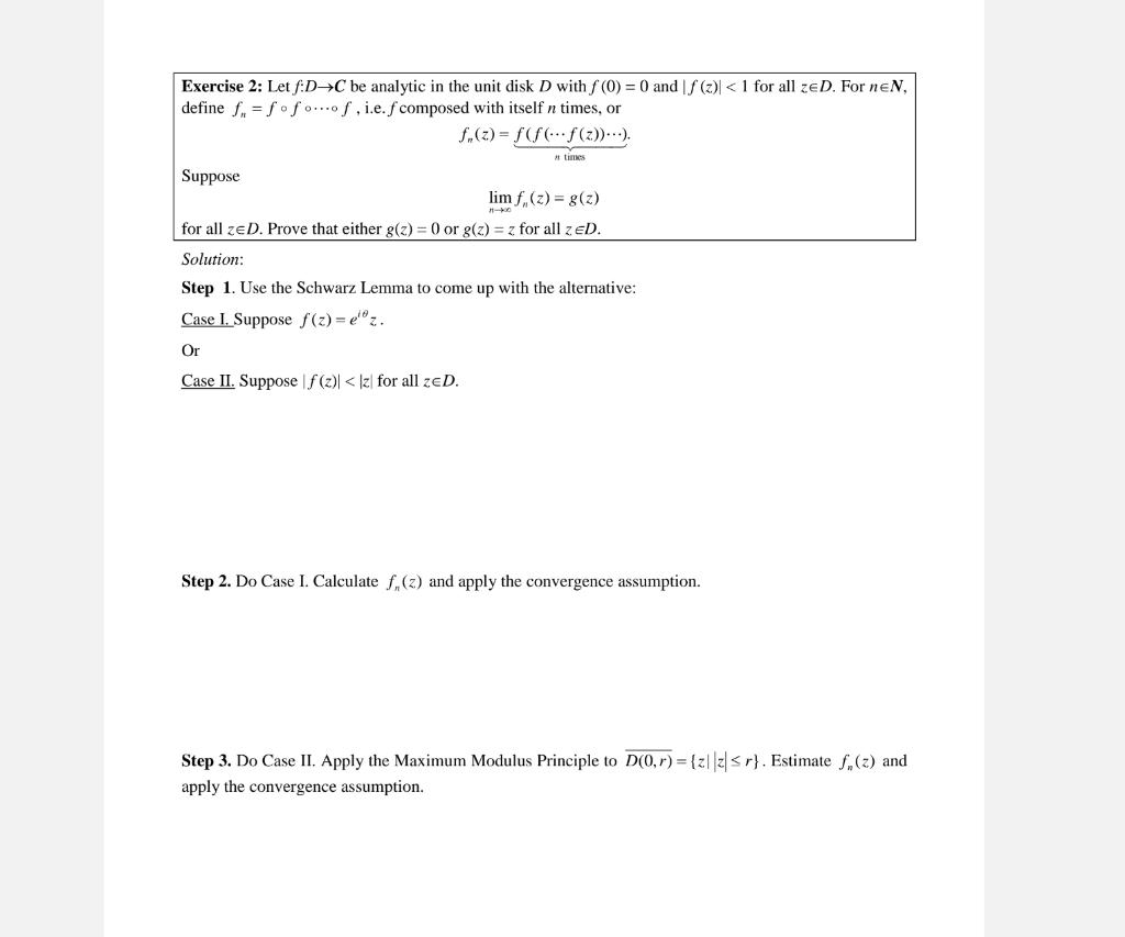 Solved Exercise 2: Let f:D→C be analytic in the unit disk D | Chegg.com