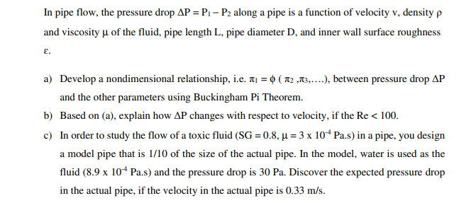 Solved In pipe flow, the pressure drop ΔP=P1−P2 along a pipe | Chegg.com