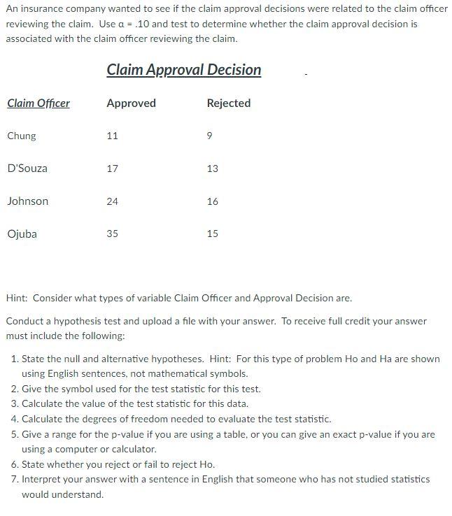 Solved An insurance company wanted to see if the claim | Chegg.com