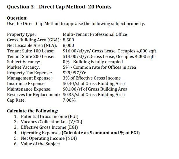 Solved Question 3 - Direct Cap Method -20 Points Question: | Chegg.com