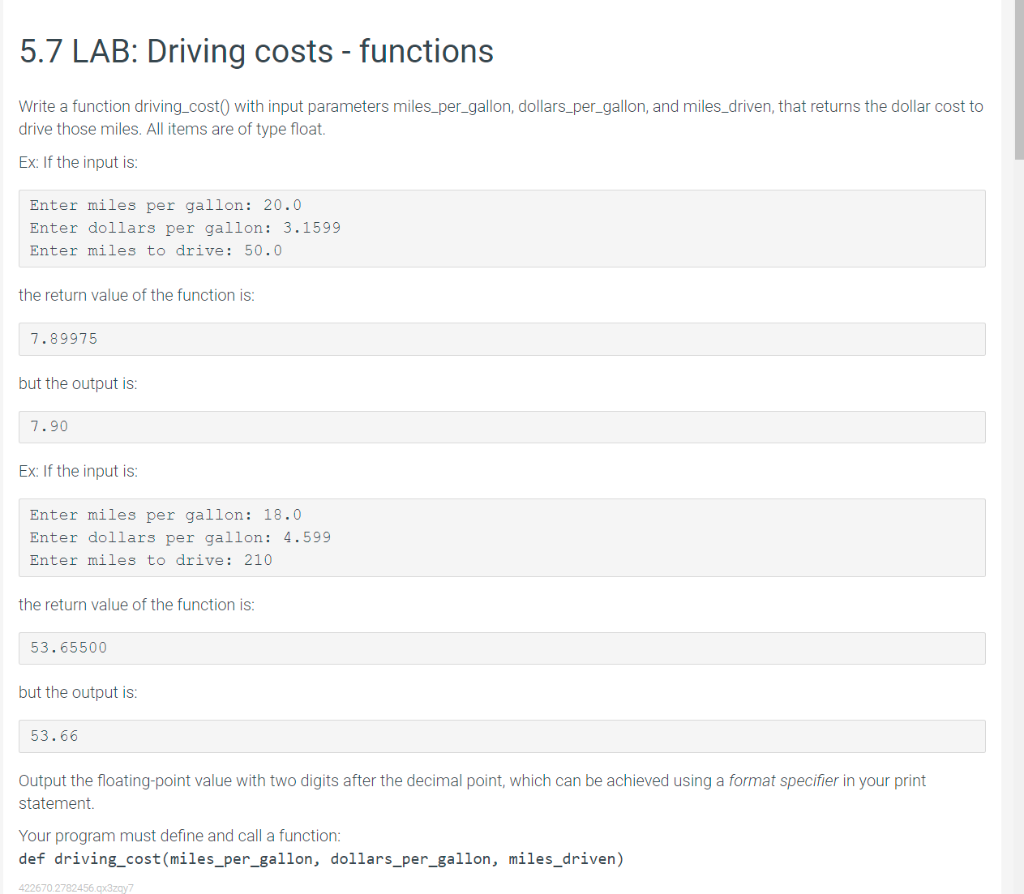 Solved Write a function driving_cost(0 with input parameters | Chegg.com
