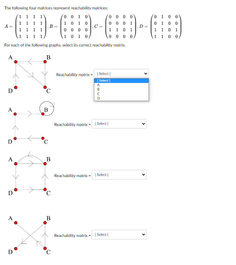 The following four matrices represent reachability | Chegg.com