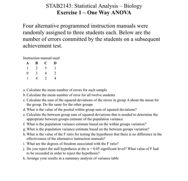 Solved STAB2143: Statistical Analysis - Biology Exercise 1 - | Chegg.com
