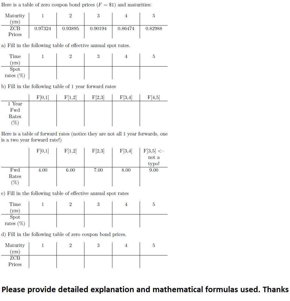 Solved Here is a table of zero coupon bond prices (F = $1) | Chegg.com