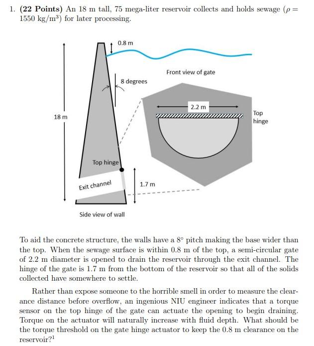 Solved 1. (22 Points) An 18 m tall, 75 mega-liter reservoir | Chegg.com