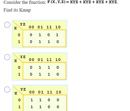 Solved Consider the function: F(X,Y,Z)=XYZ+XYZ+XYZ+XYZ. Find | Chegg.com