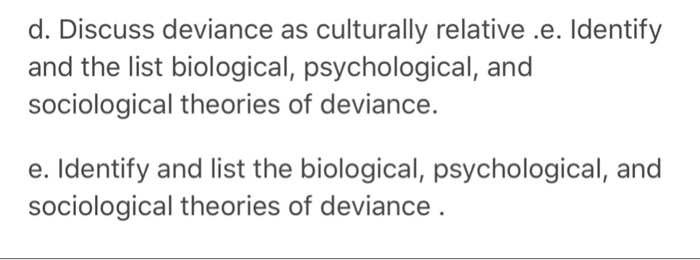 Solved d. Discuss deviance as culturally relative .e. | Chegg.com