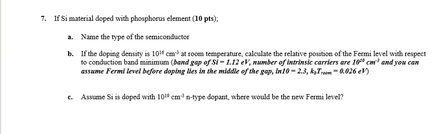 Solved 10pts 1016cm-3Si=1.12eV, ﻿number of ﻿intrinsic | Chegg.com