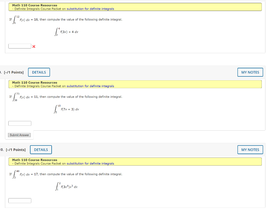 Solved Math 110 Course Resources Definite Integrals Course | Chegg.com