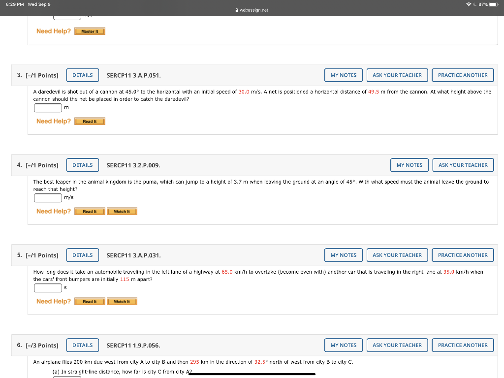 Solved 6:29 PM Wed Sep 9 $ 87% webassign.net Need Help? | Chegg.com