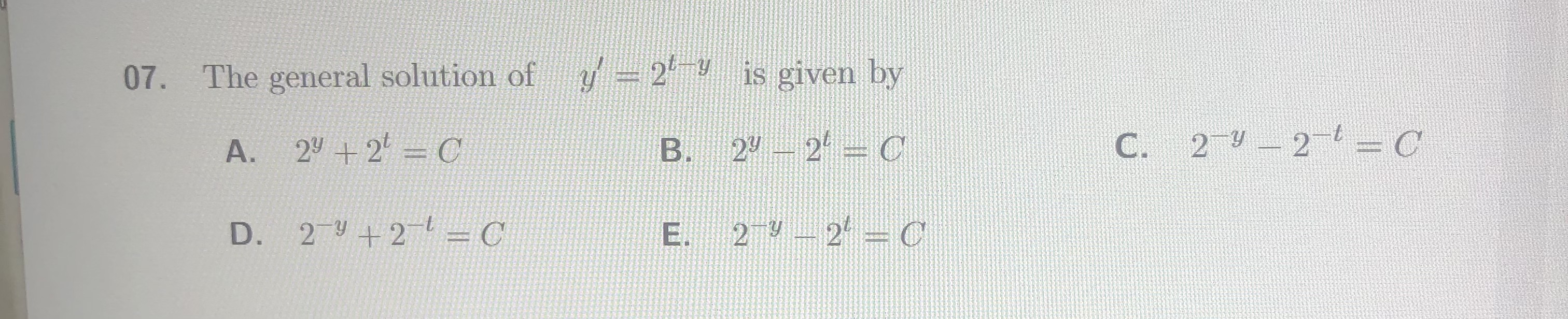 07. The general solution of y′=2t−y is given by A. | Chegg.com