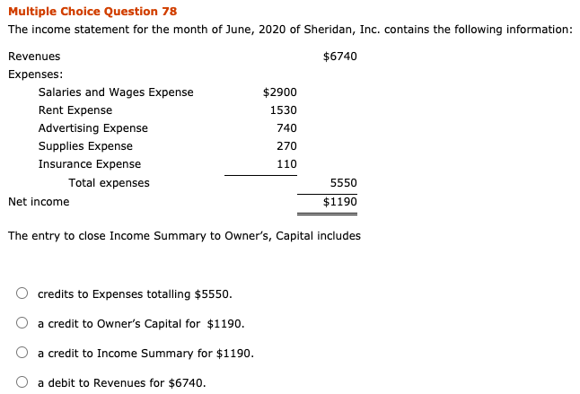 Solved Multiple Choice Question 78 The income statement for | Chegg.com