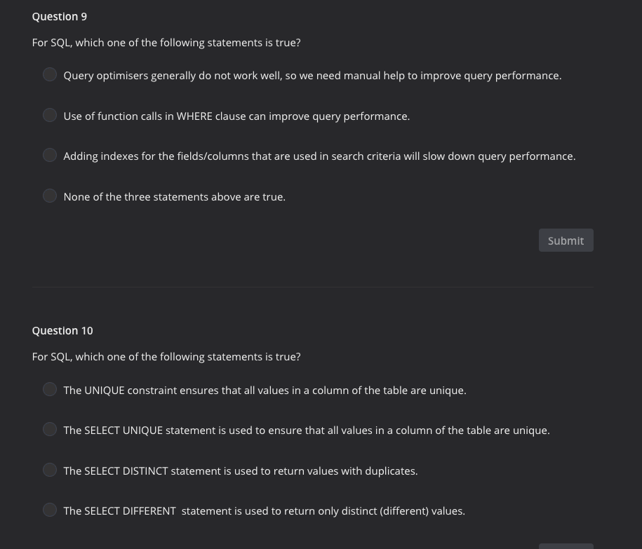 Solved Question 9 For SQL, which one of the following | Chegg.com