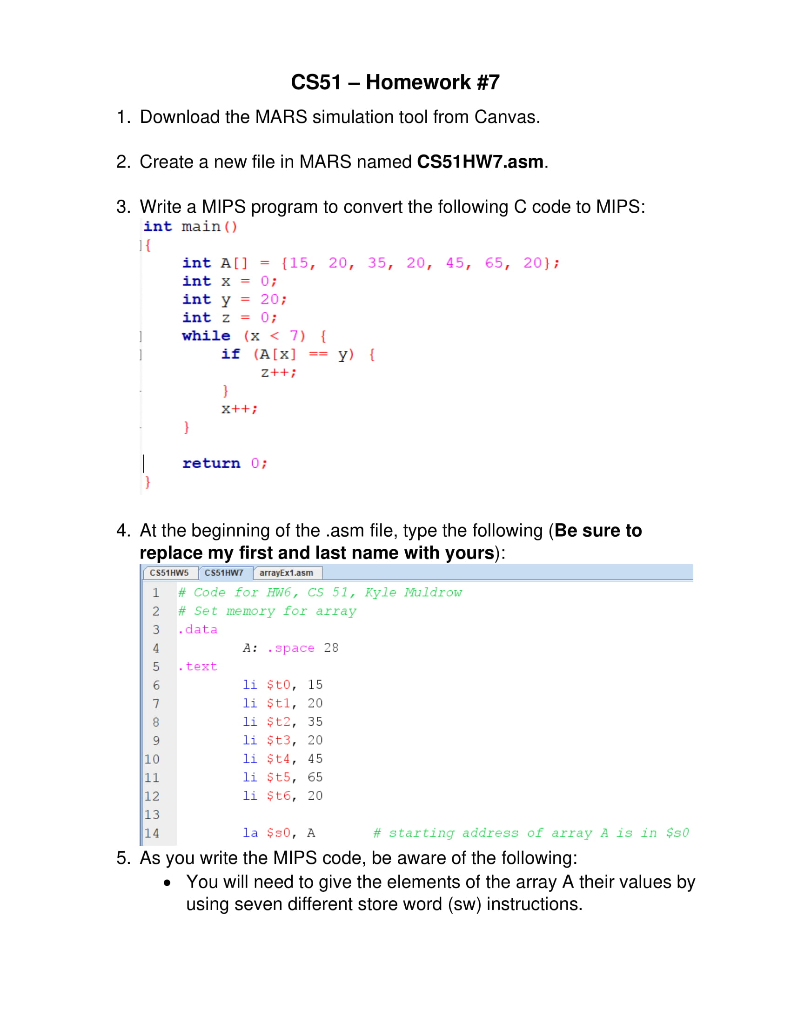 CS51 - Homework #7 1. Download the MARS simulation | Chegg.com