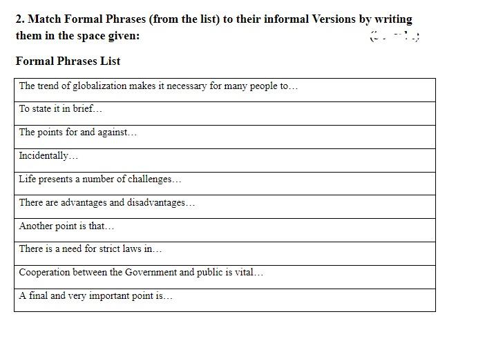 Solved 2. Match Formal Phrases (from the list) to their | Chegg.com