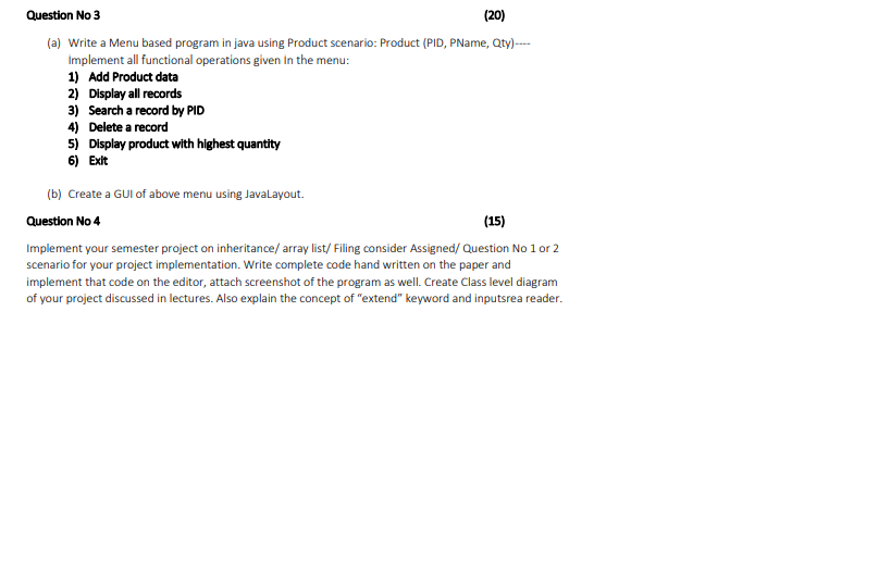 Solved Question No 3 (20) (a) Write a Menu based program in | Chegg.com