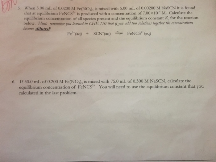 Solved When 5.00 mL of 0.0200 M Fe(NO_3)_3 is mixed with | Chegg.com