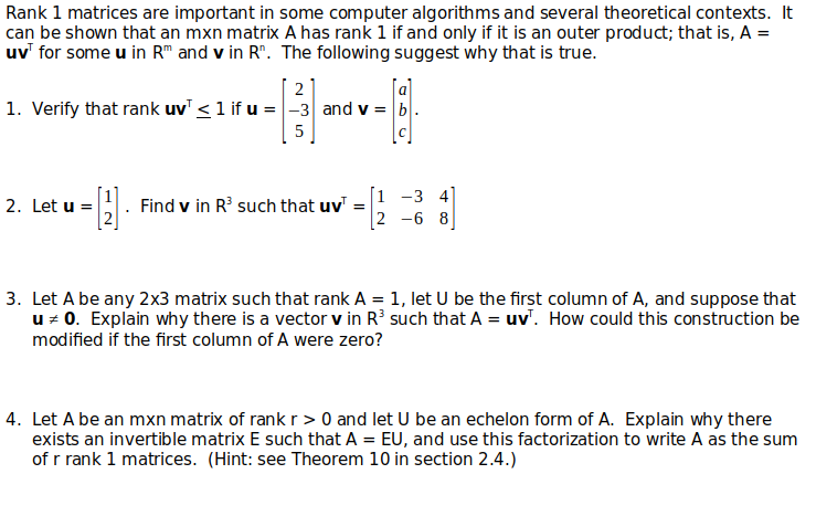 Solved Rank 1 matrices are important in some computer | Chegg.com