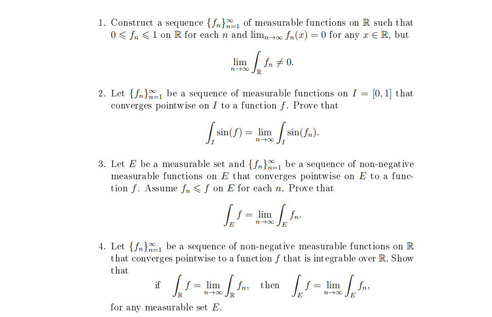 Solved 1. Construct a sequence {fn}n=1∞ of measurable | Chegg.com