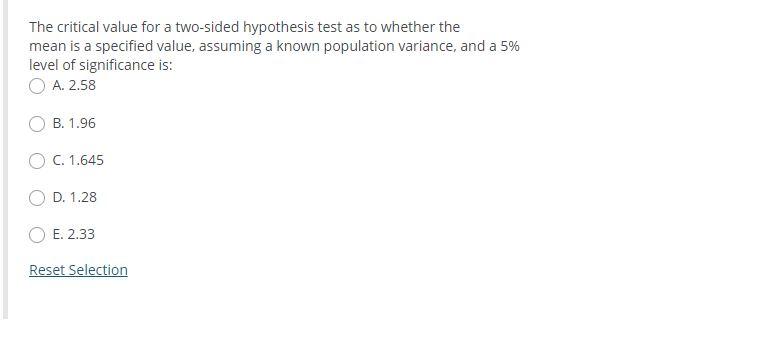 Solved The critical value for a two-sided hypothesis test as | Chegg.com