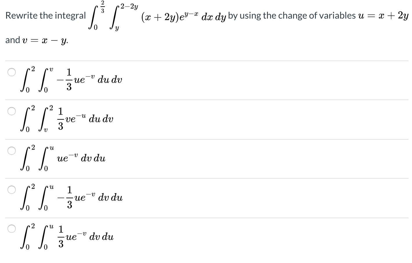 Solved WIN Rewrite the integral p2-2y I (x + 2y)ey-x dx dy | Chegg.com
