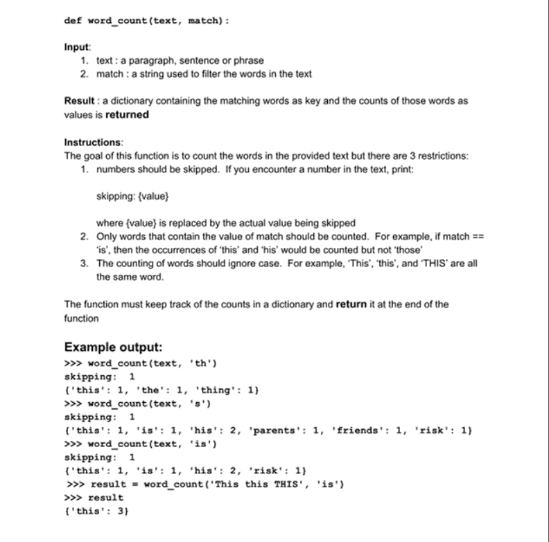Solved def word_count(text, match): Input: 1. text: a | Chegg.com