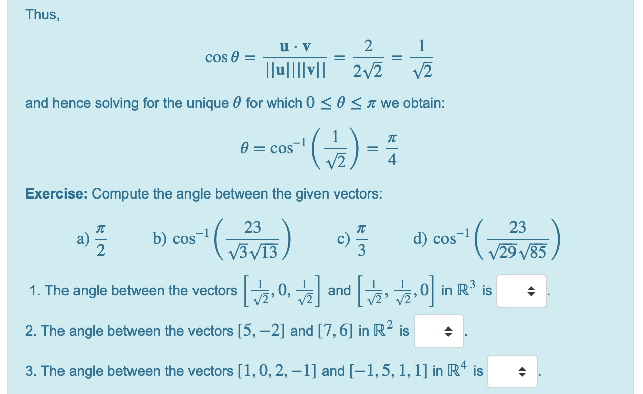 Solved Question 1 Angles Between Vectors Not complete Marked | Chegg.com