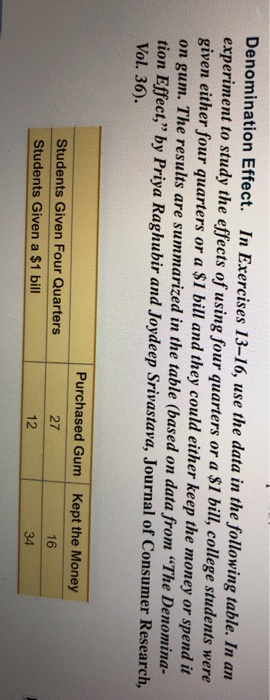 Solved Denomination Effect. In Exercises 13-16, use the data | Chegg.com