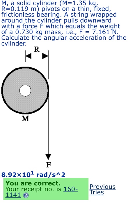 Solved M, a solid cylinder (M=1.35 kg, R=0.119 m) pivots on | Chegg.com