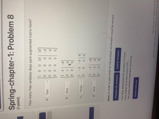 Solved How many free variables does each augmented matrix | Chegg.com