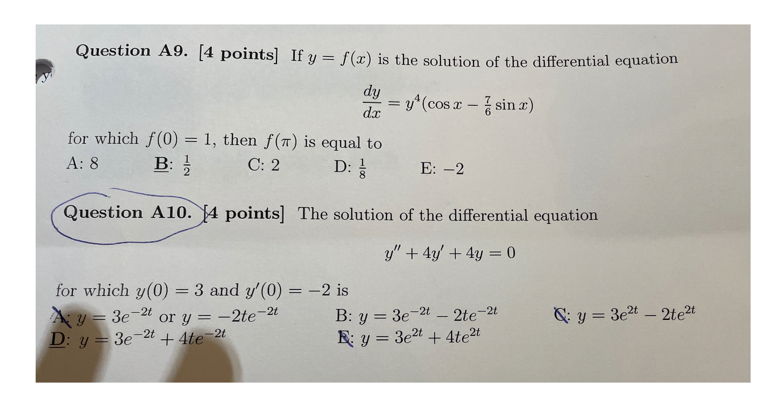 Solved Question A9. [4 points] If y = f(x) is the solution | Chegg.com